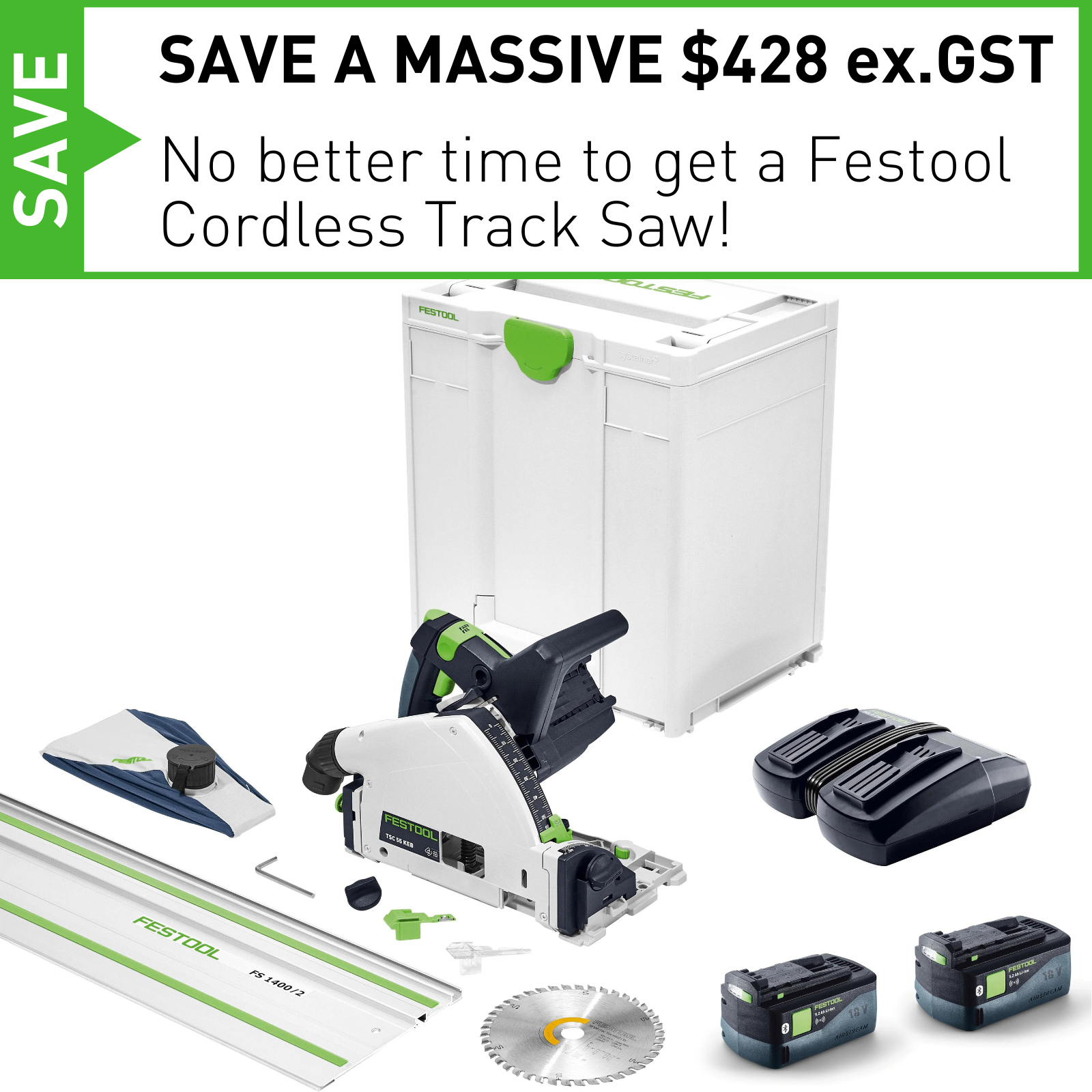 FESTOOL TSC 55 KEB CORDLESS PLUNGE SAW KIT WITH FS 1400 GUIDE RAIL (57